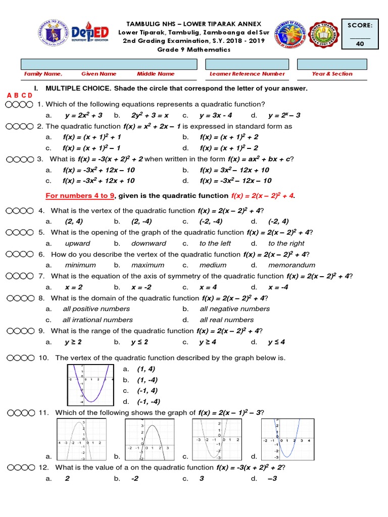 Grade 9 Math Exam 2nd FINAL PDF | PDF | Function (Mathematics) | Abstract Algebra