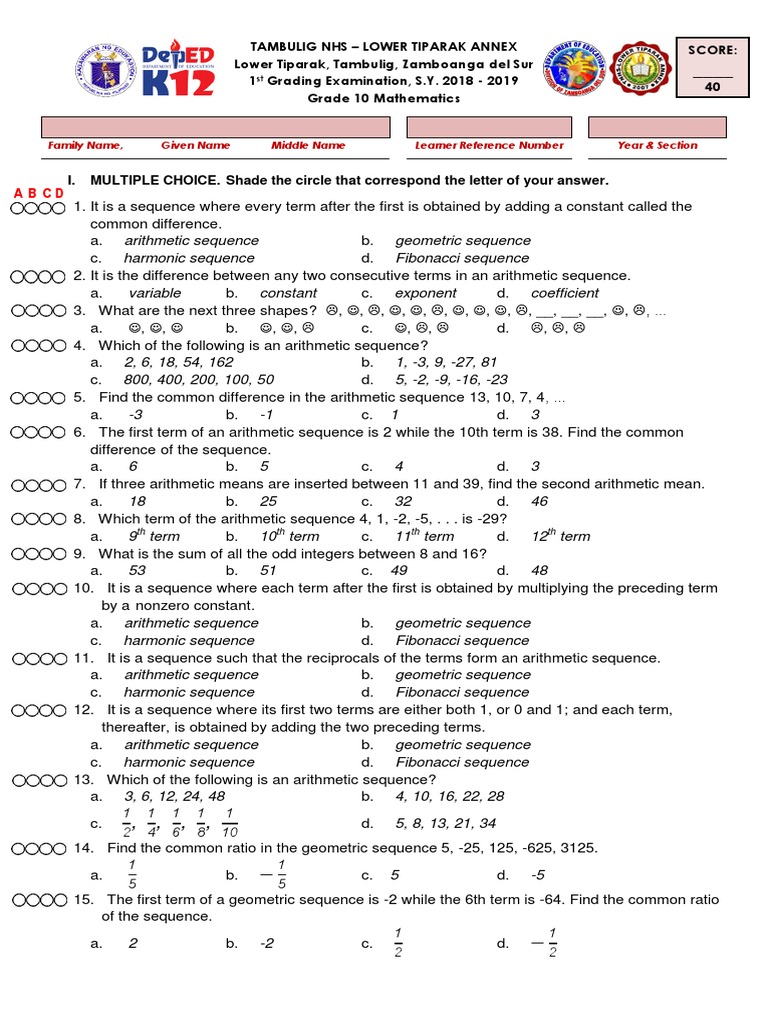 Grade 10 Math Exam 1st FINAL PDF | PDF | Arithmetic | Teaching Mathematics Grade 10 Math Exam 1st FINAL PDF | PDF | Arithmetic | Teaching Mathematics