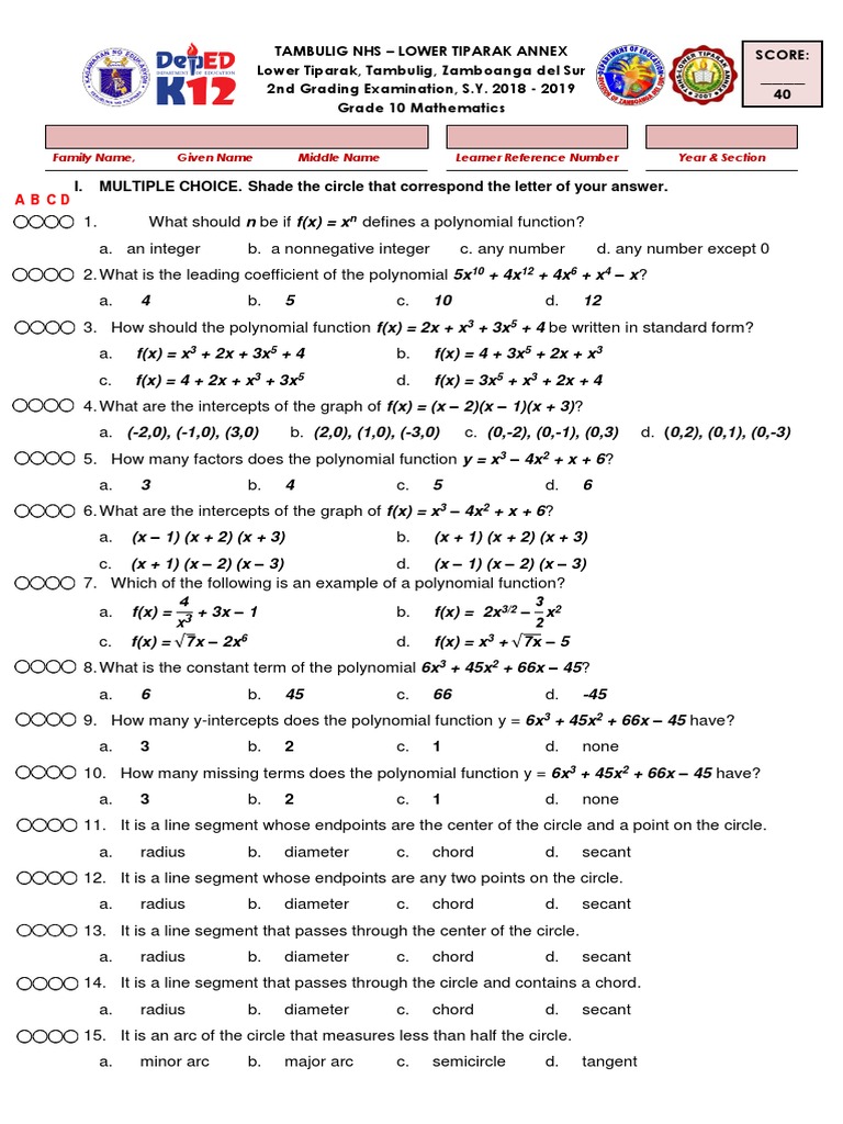 Grade 10 Math Exam 2nd Final Pdf Pdf Circle Geometric Objects