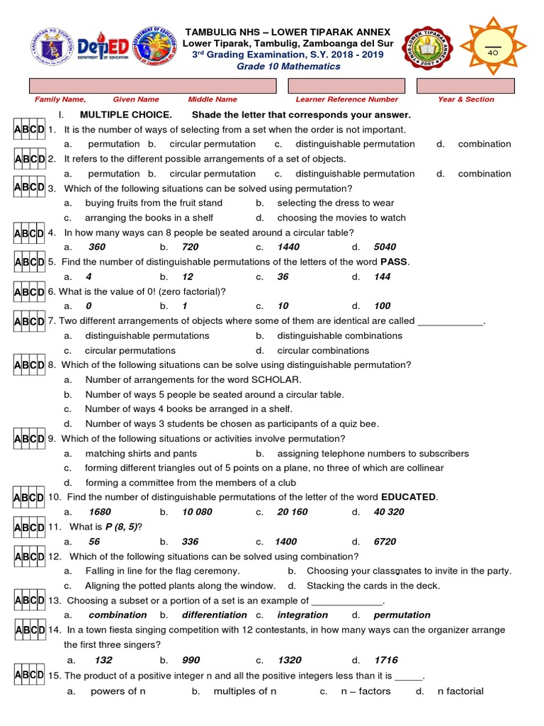 Grade 10 Math Final Exam Review | PDF | Permutation | Probability