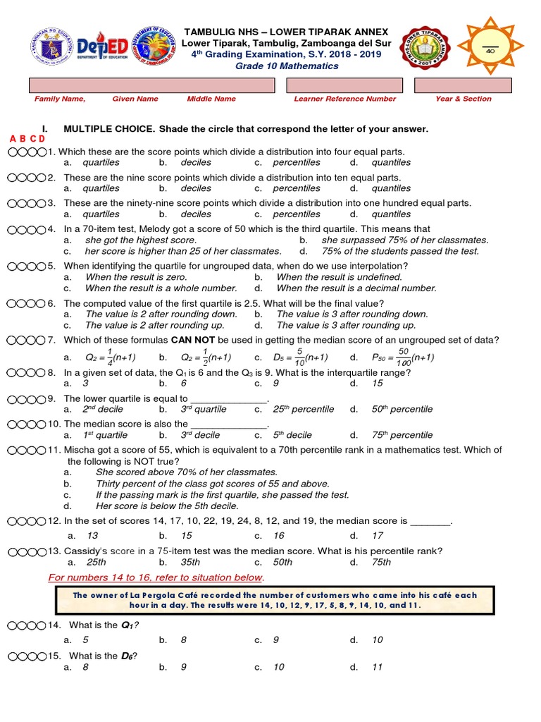 Grade 10 Math Exam 4th PDF | PDF | Percentile | Quantile