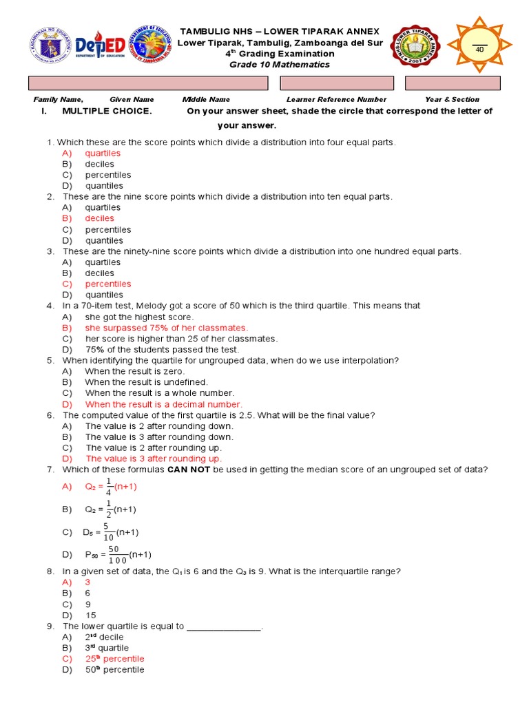 Grade 10 Math Exam 4th FINAL | PDF | Percentile | Quantile