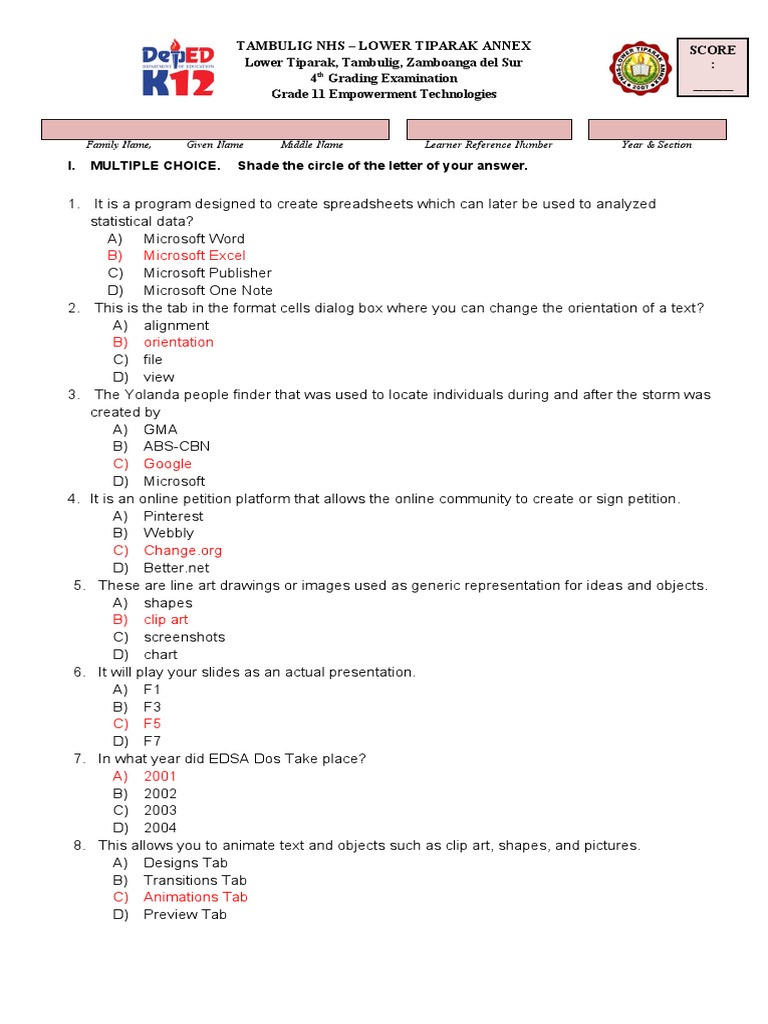 Grade 11 EmTech Exam 4th FINAL | PDF | Microsoft Excel | World Wide Web