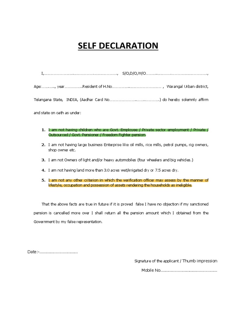 Self Declaration: Date: - Thumb Impression Mobile No. | PDF