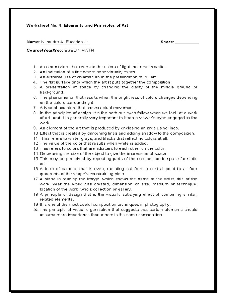 Elements and Principles of Art Worksheet | PDF | Teaching Methods ...