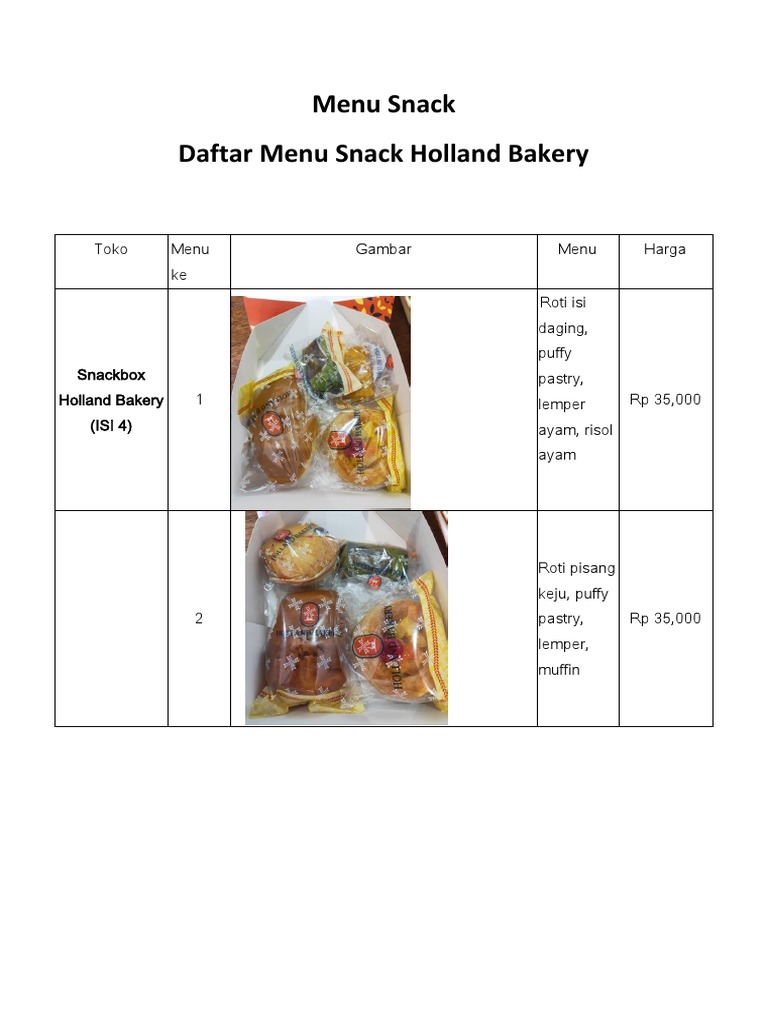 Menu Snack Daftar Menu Snack Holland Bakery | PDF