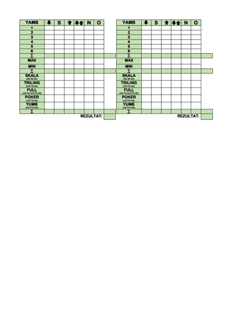 Yamb Game Score Sheet Template | PDF