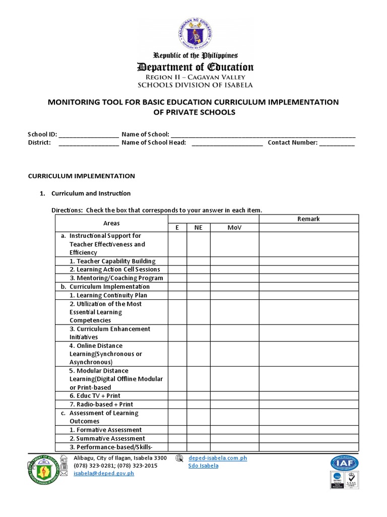 Monitoring Tool For Basic Education Curriculum Implementation of ...