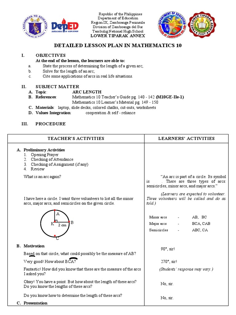 Arc Length Lesson Plan for Math 10 | PDF | Lesson Plan | Length
