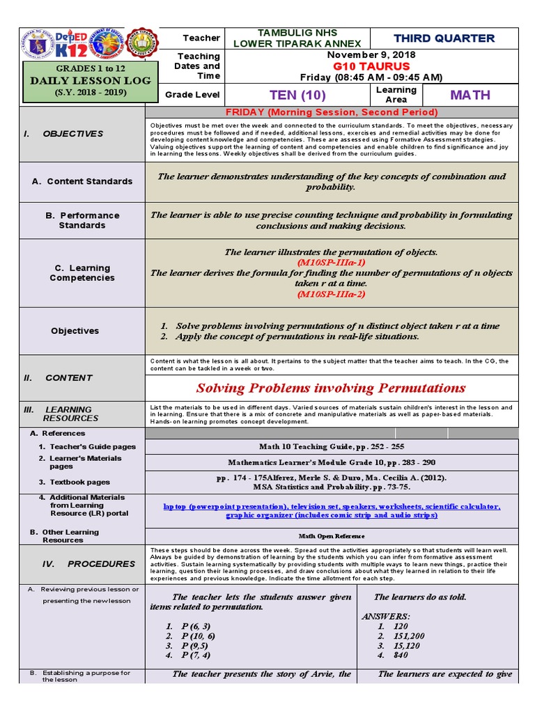 Detailed Lesson Plan in Math 10 (Permutation) | PDF | Dna | Learning