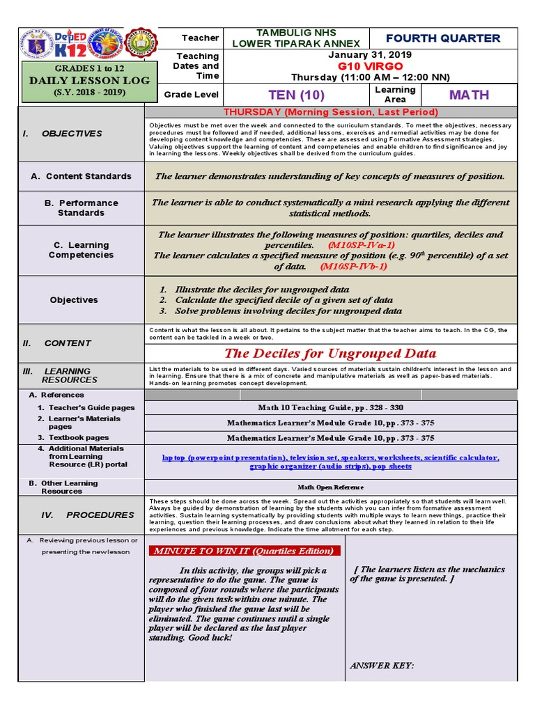 Detailed Lesson Plan in Math 10 (The Deciles For Ungrouped Data) | PDF ...