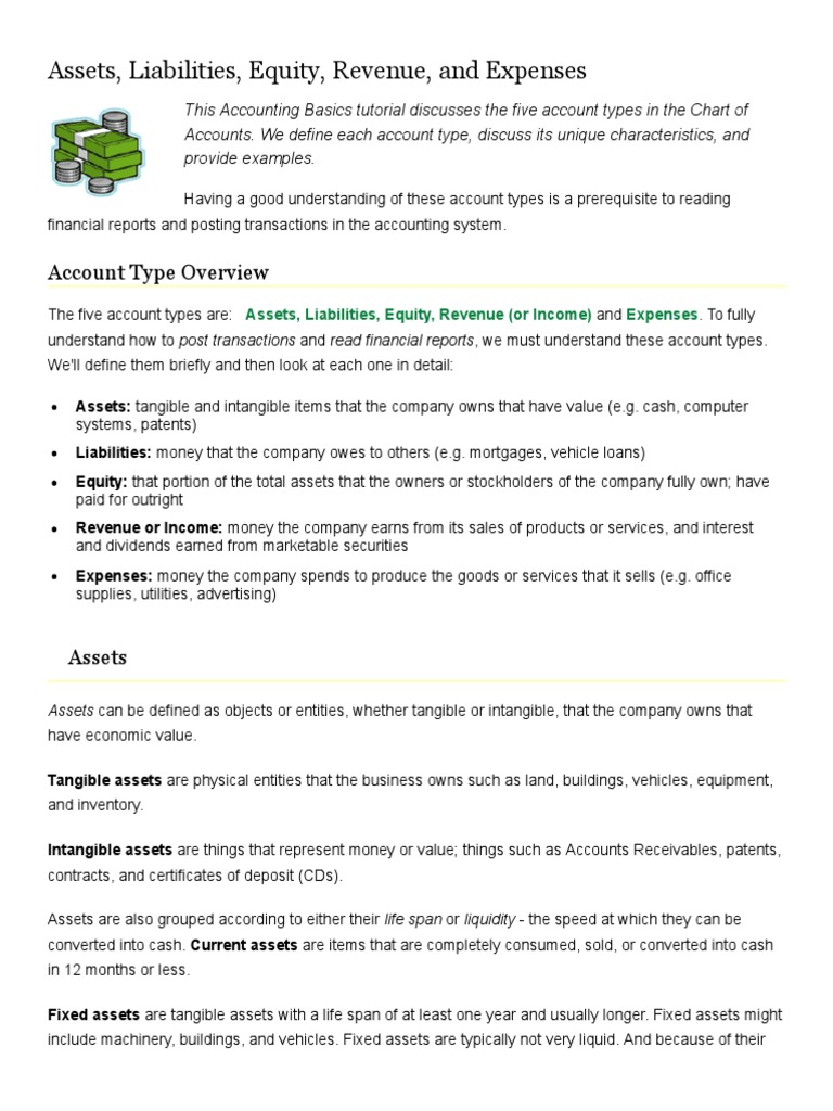 Accounting Basics - Assets, Liabilities, Equity, Revenue, and Expenses ...