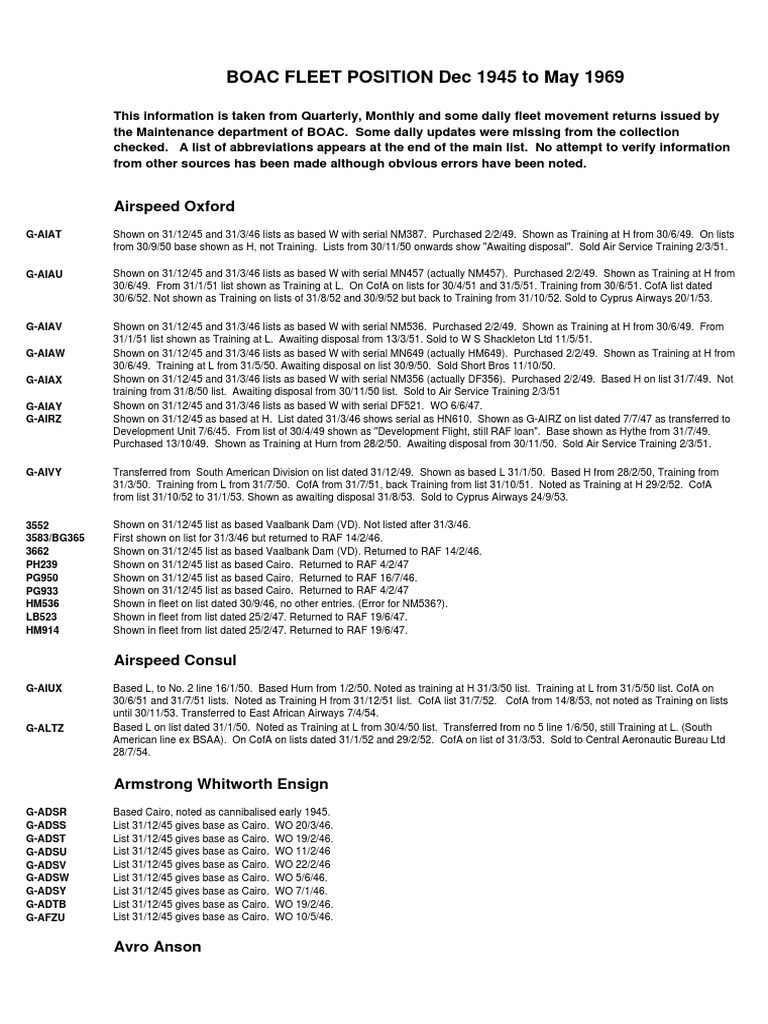 BOAC Fleet List 1945 To 1969 | PDF | Aeronautics | Transport