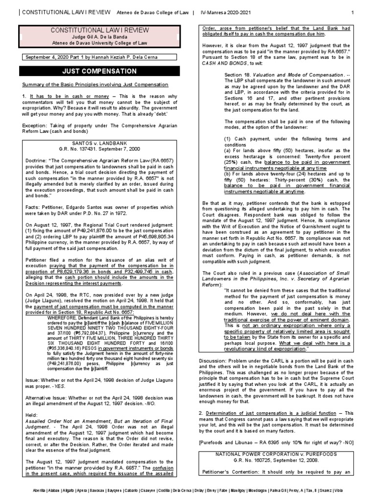 Just Compensation: Constitutional Law I Review | PDF | Just ...