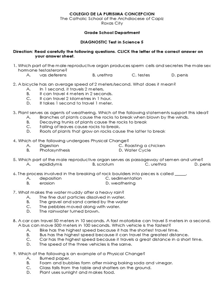 Science 5 Diagnostic Test Questions | PDF | Storm Surge | Tropical Cyclones