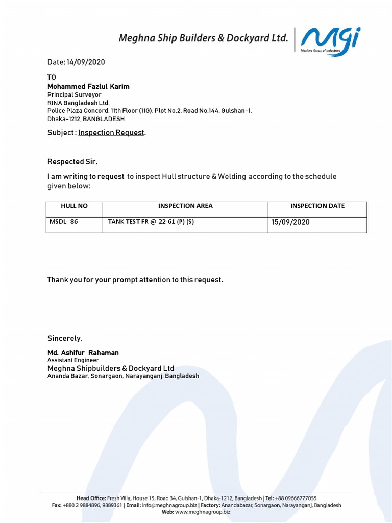Inspection Request Letter | PDF