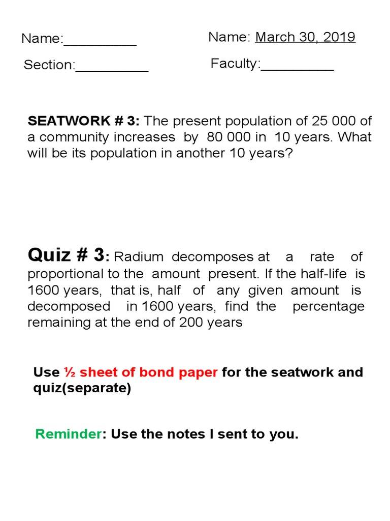 Population growth and radioactive decay word problems | PDF