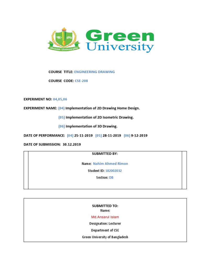 Engineering Drawing CSE-208: Name: Student ID: Section | PDF