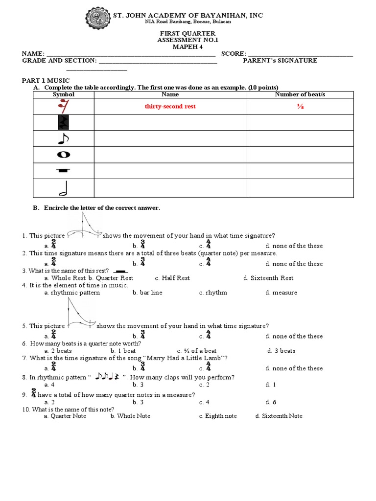 St. John Academy of Bayanihan, Inc: Thirty-Second Rest | PDF | Rhythm ...