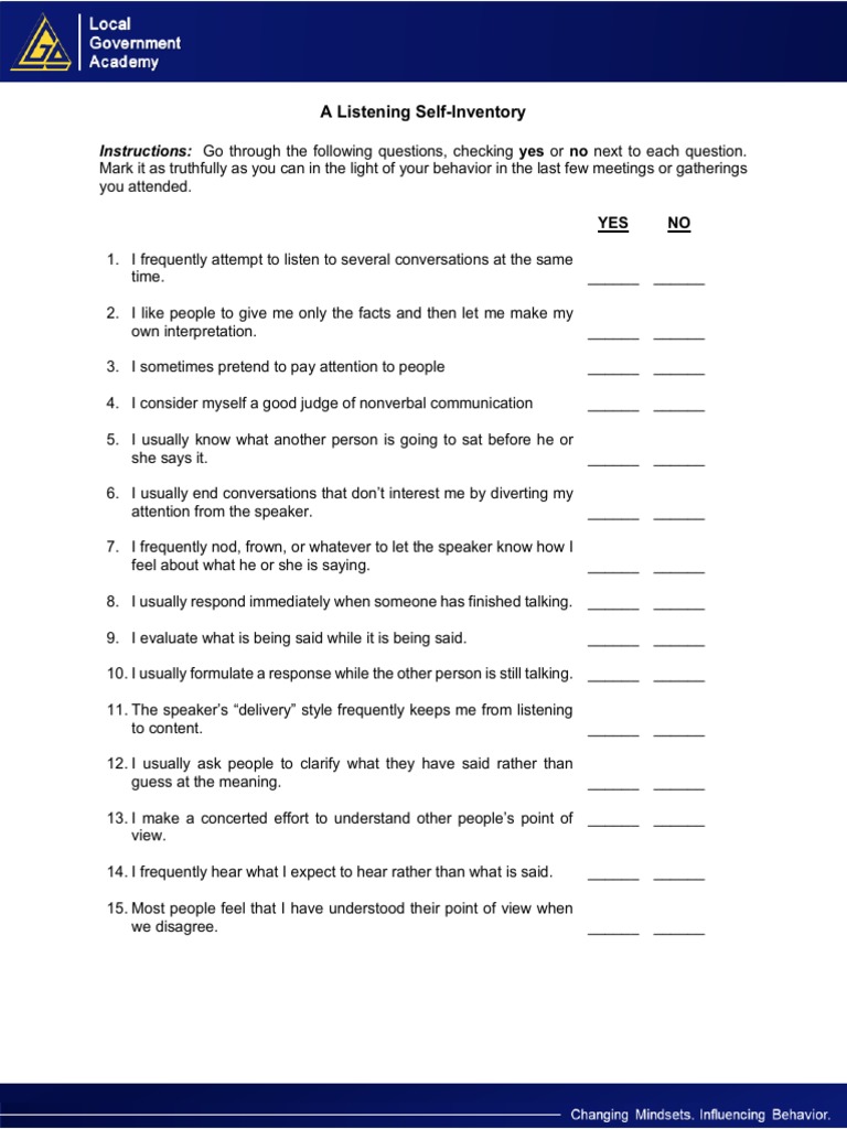 Listening Self-Inventory Questionnaire | PDF | Communication | Human ...