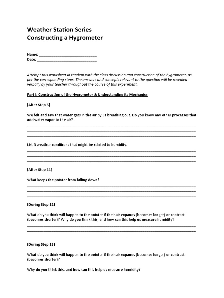 Hygrometer Worksheets