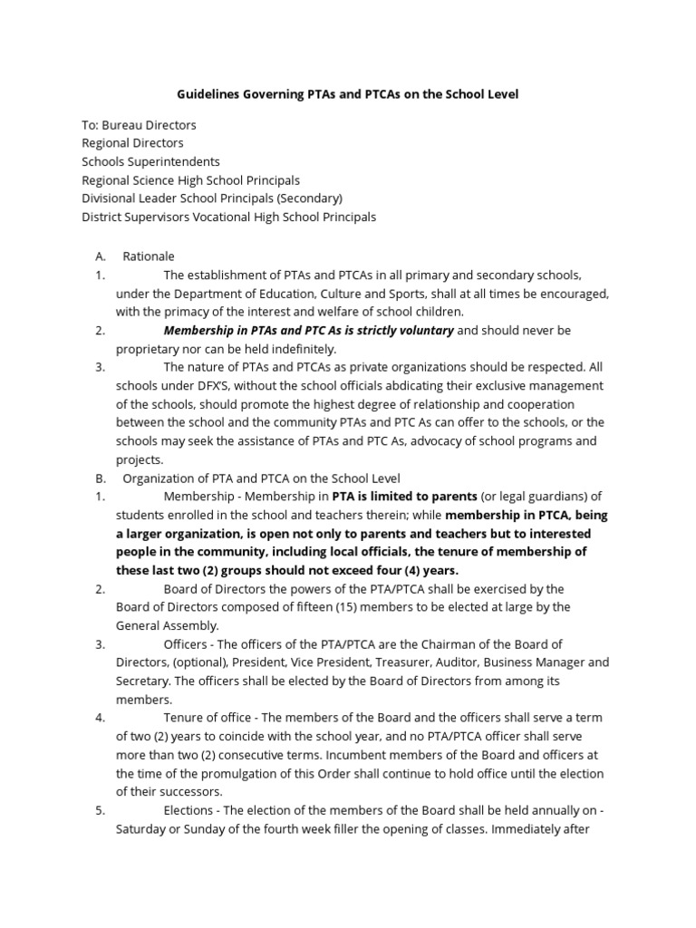 Guidelines Governing PTAs and PTCAs On The School Level | PDF | Board ...