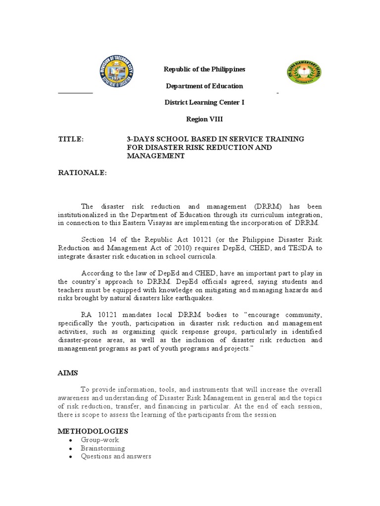 School DRRM Training Workshop Plan | PDF | Disaster Risk Reduction ...