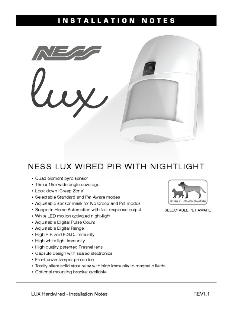 Ness Lux Wired Pir With Nightlight: REV1.1 LUX Hardwired - Installation ...