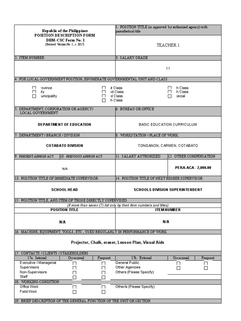 Teacher 1 Position Description Form | PDF | Competence (Human Resources ...