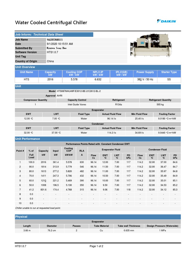 Water Cooled Centrifugal Chiller: Technical Data Sheet | PDF | Machines ...