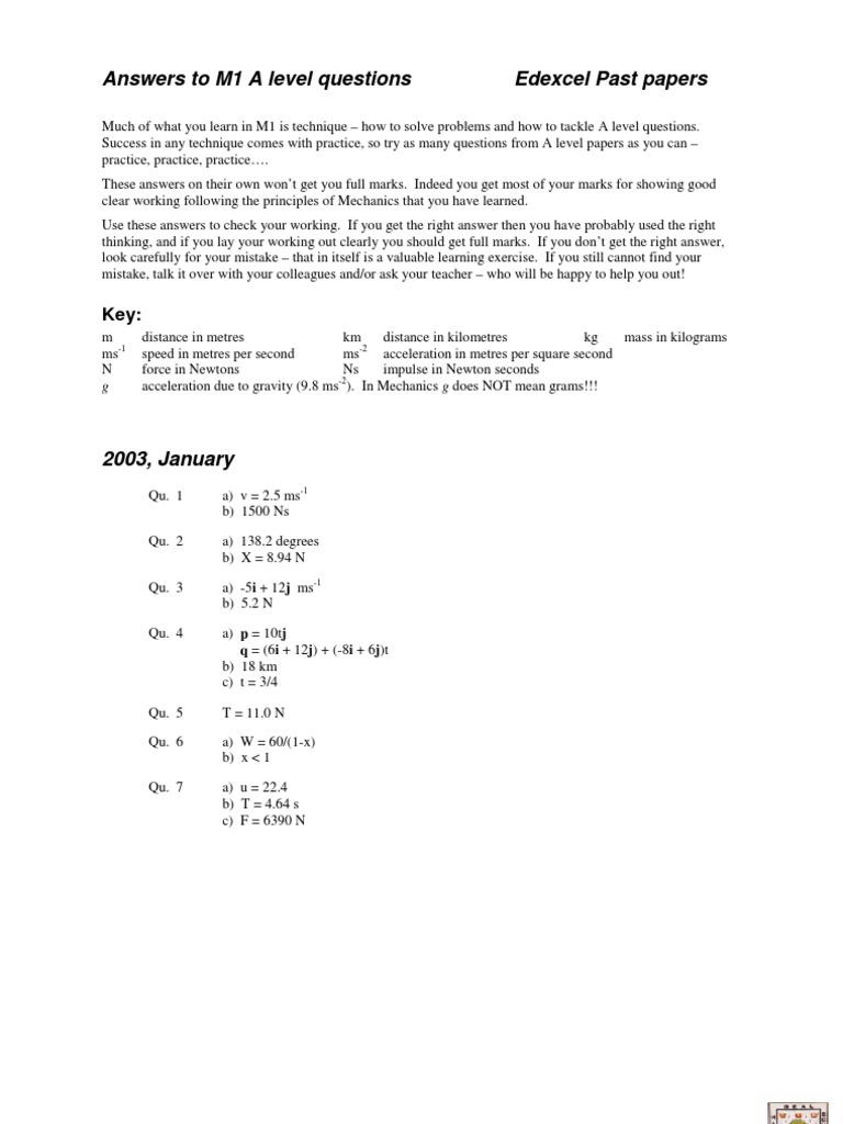Answers To M1 A Level Questions Edexcel Past Papers | PDF | Quantity ...