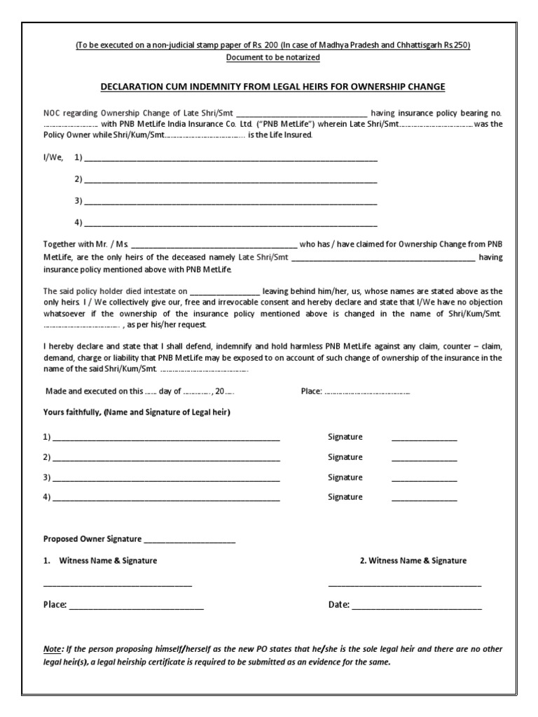 Legal Heirs Indemnity Declaration Form | PDF | Indemnity | Insurance