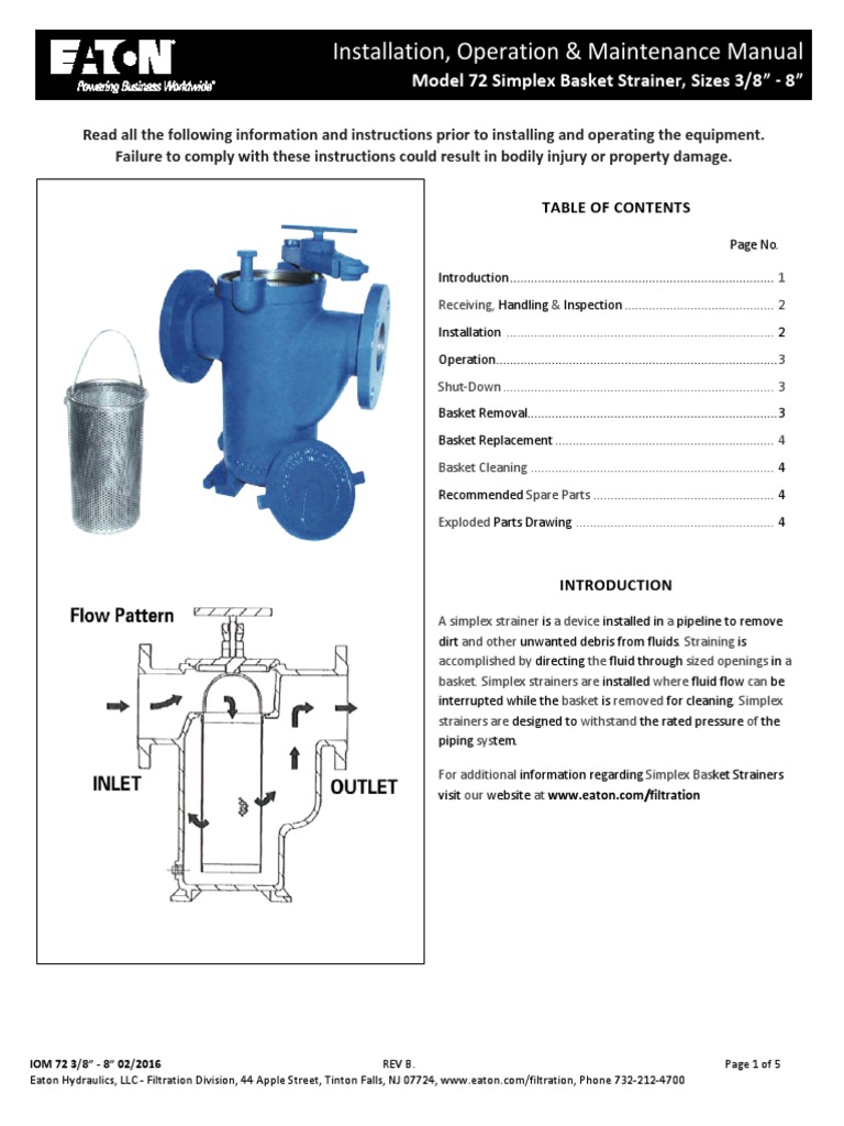 Installation, Operation & Maintenance Manual: Model 72 Simplex Basket ...