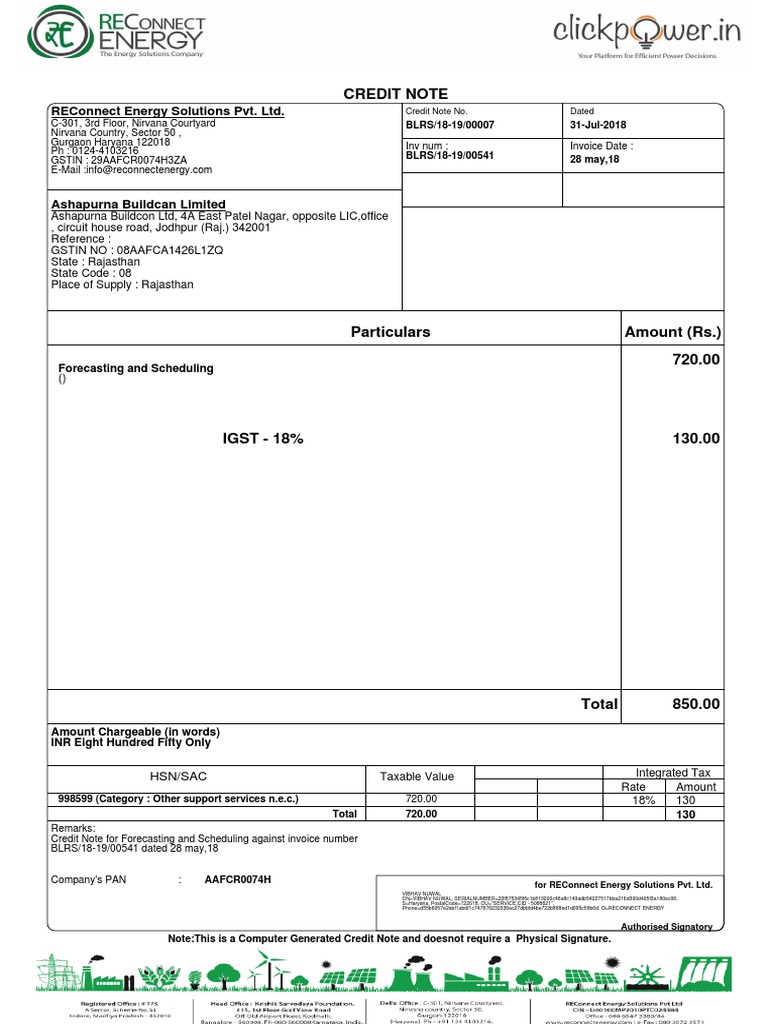 Credit Note: Reconnect Energy Solutions Pvt. LTD | PDF | Economies ...
