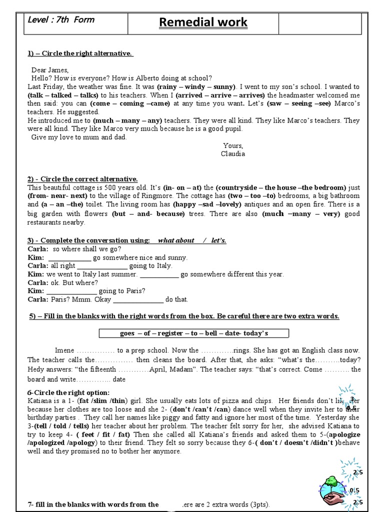 Remedial Work: Level: 7th Form | PDF