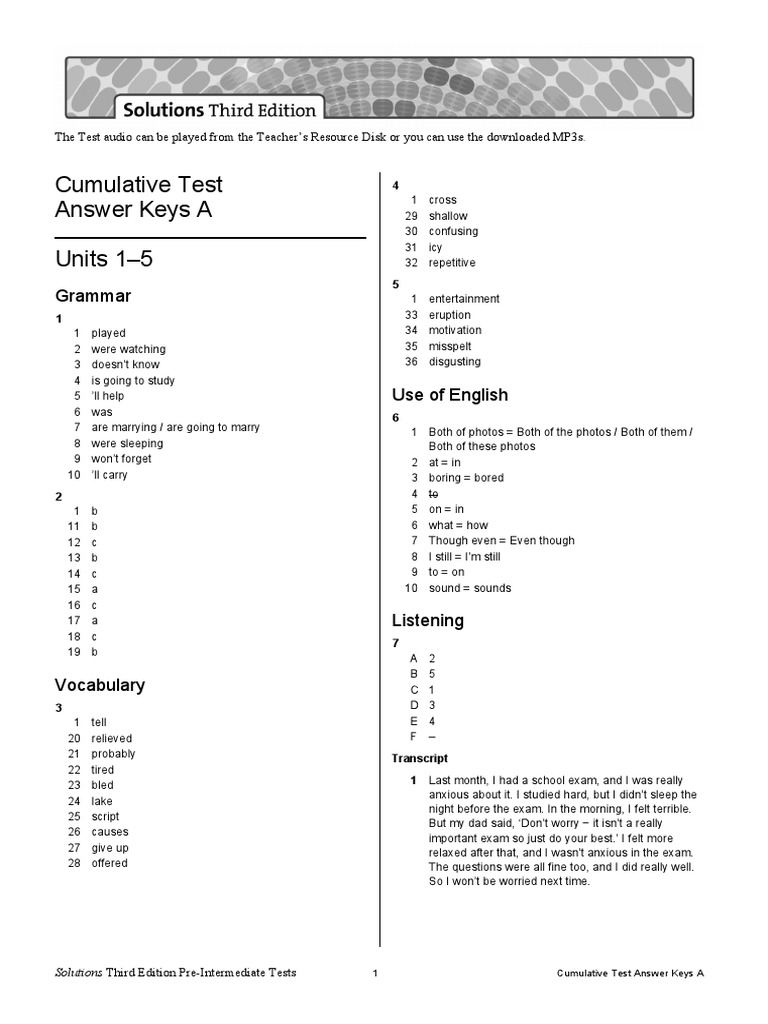 Cumulative Test Answer Keys A Units 1-5: Grammar | PDF | Invention