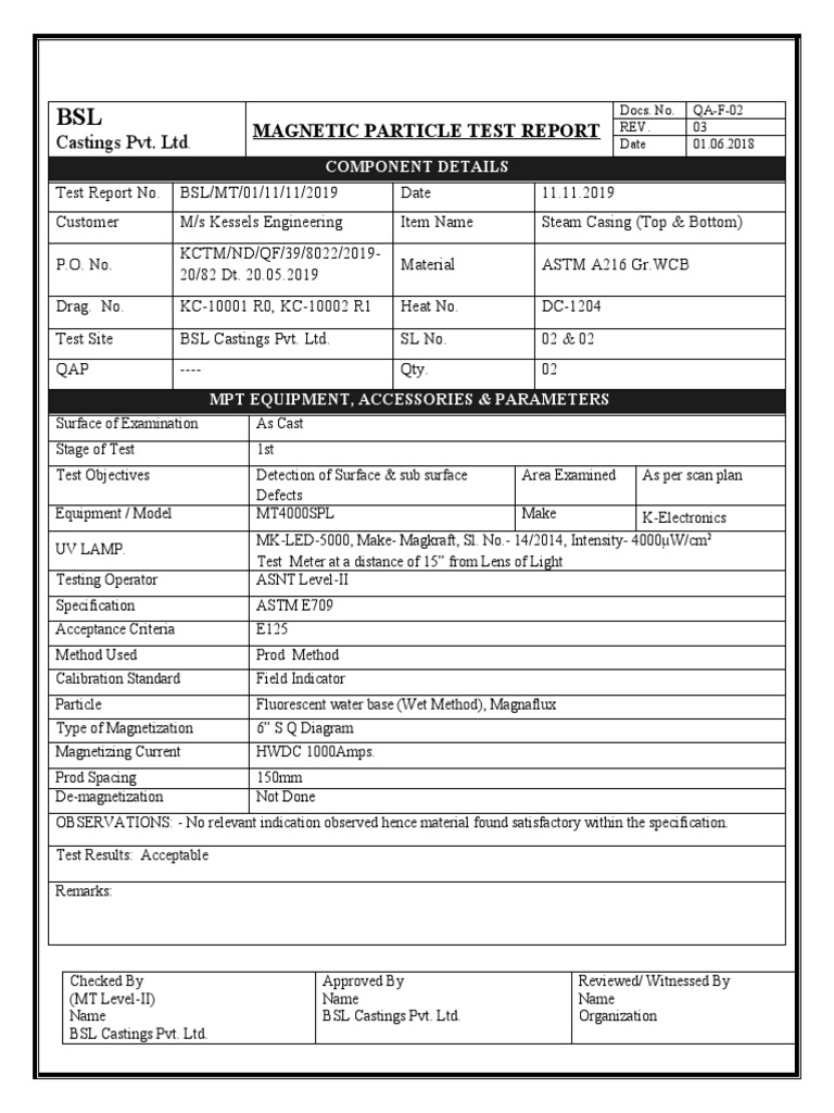 Castings Pvt. LTD: Magnetic Particle Test Report | PDF | Materials ...