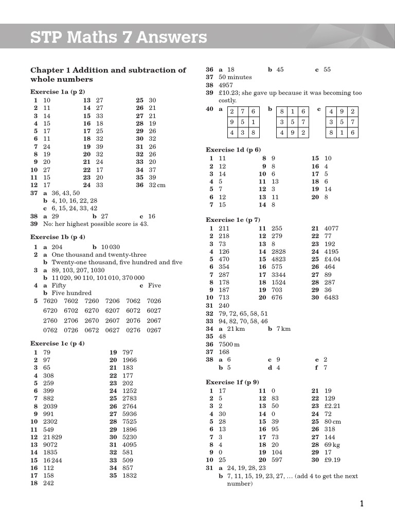 STP Maths 7 Answers: Chapter 1 Addition and Subtraction of Whole Numbers | PDF | Teaching ...