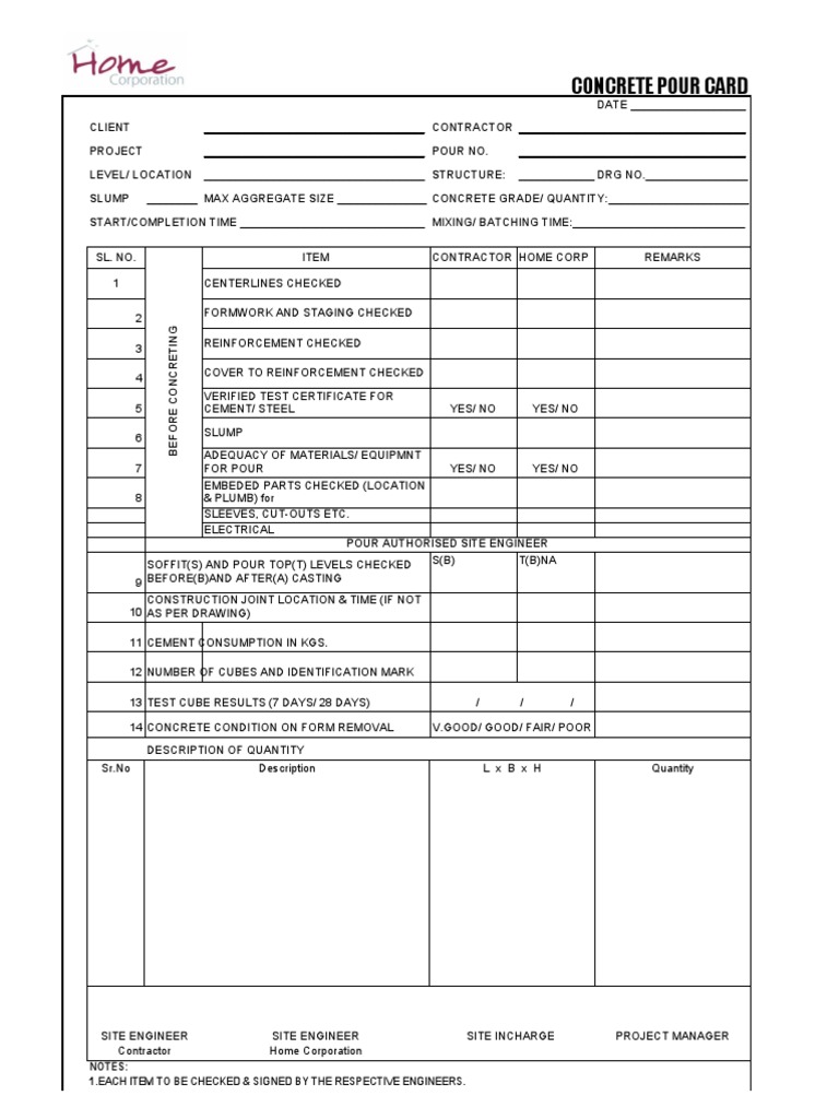 Concrete Pour Card: Notes: 1.each Item To Be Checked & Signed by The ...
