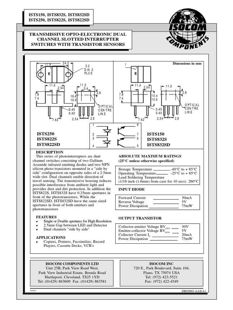 Transmissive Opto-Electronic Dual Channel Slotted Interrupter Switches ...