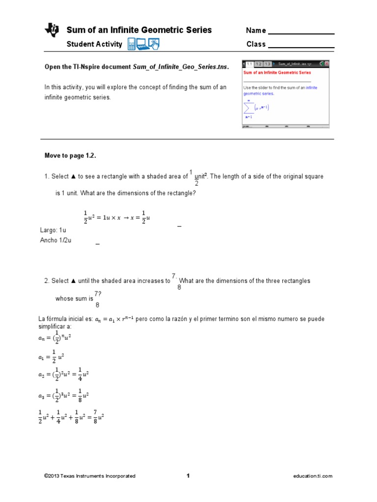 Sum of An Infinite Geometric Series: Student Activity Name Class ...