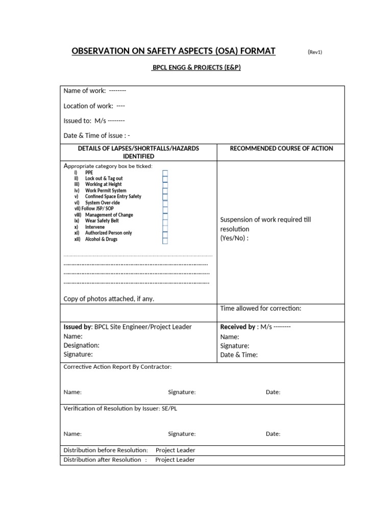 Observation On Safety Aspects: (OSA) Format | PDF
