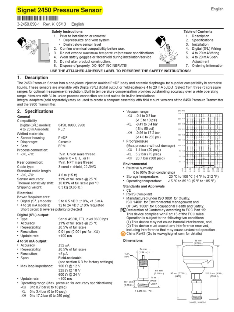 Signet 2450 Pressure Sensor: 1. Description | PDF | Pipe (Fluid ...