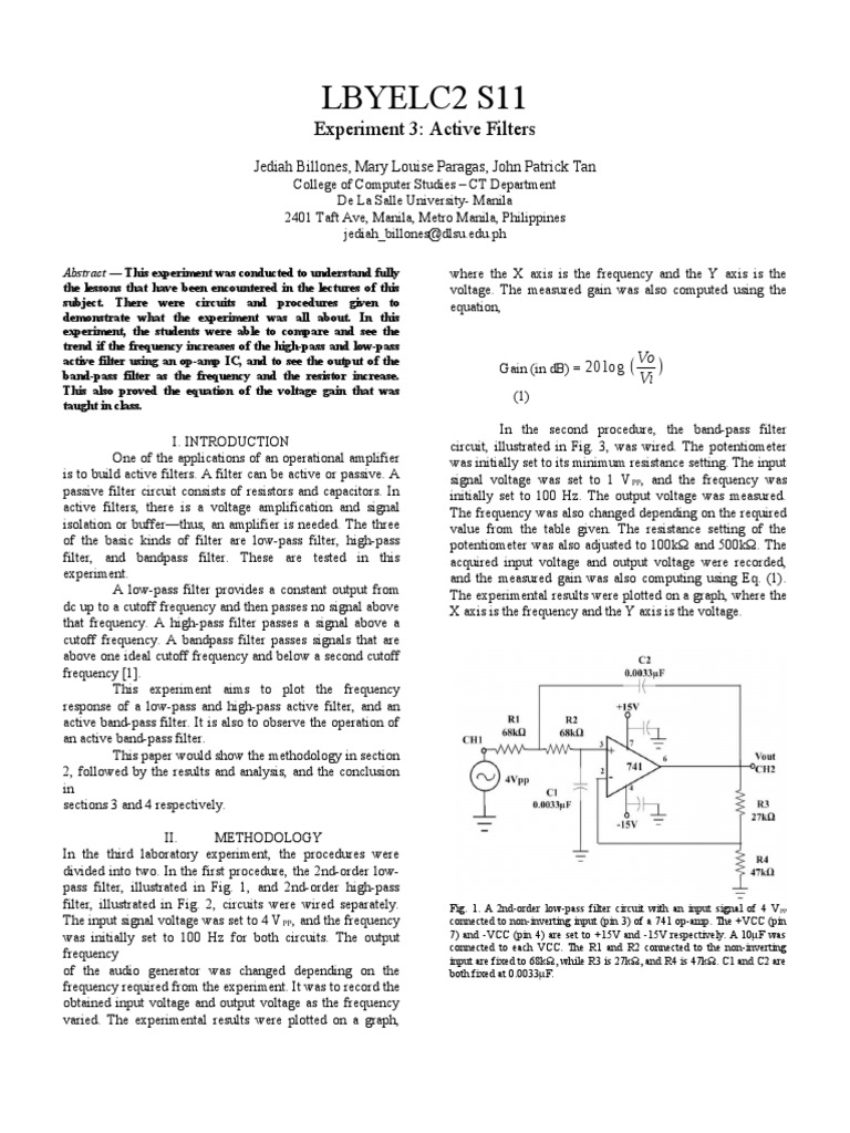 Lbyelc2 S11: Experiment 3: Active Filters | PDF | Electronic Filter ...