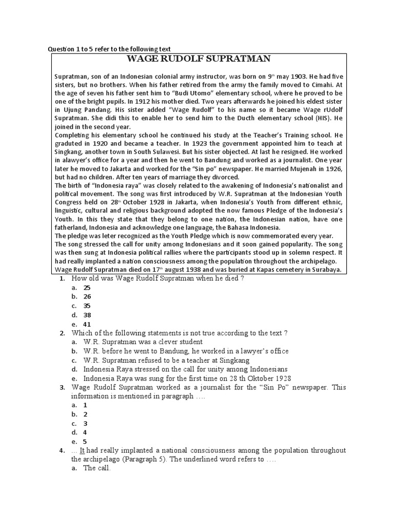 Wage Rudolf Supratman: Question 1 To 5 Refer To The Following Text ...