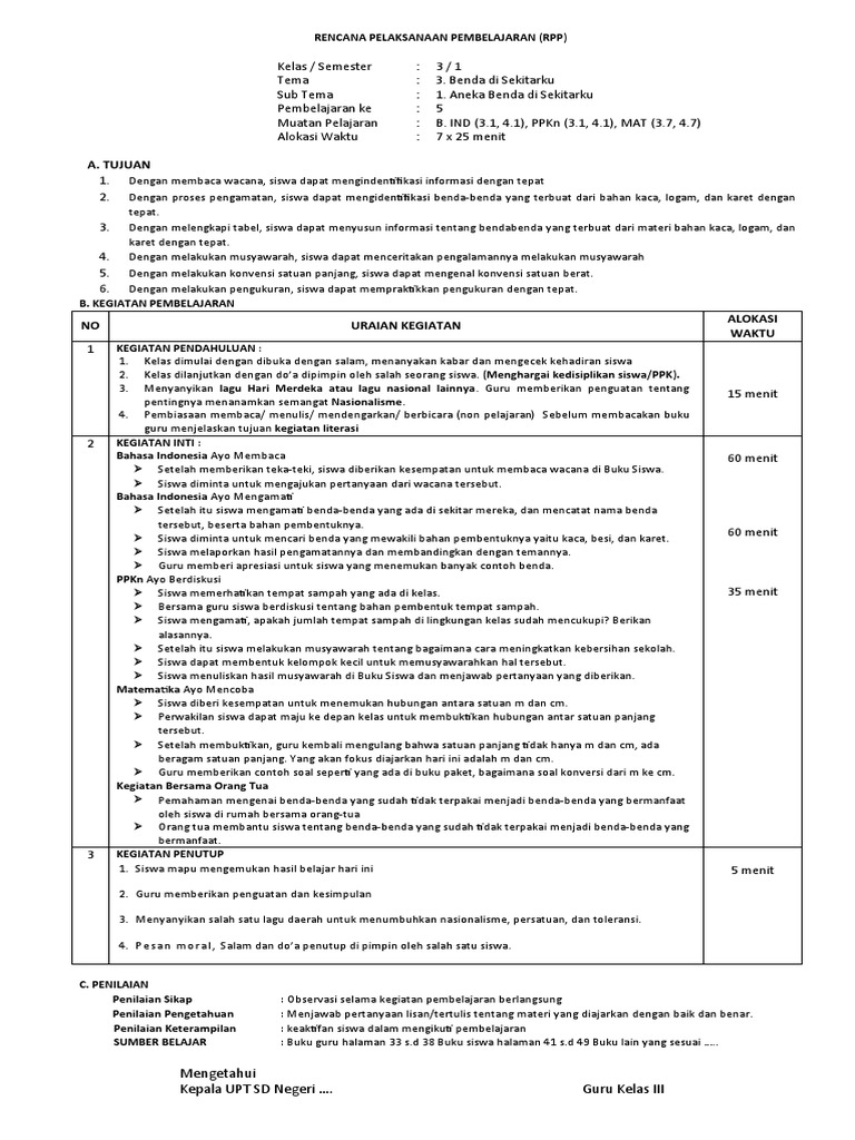 RPP Kelas 3 Tema 3 Sub Tema 1 PB 5 | PDF