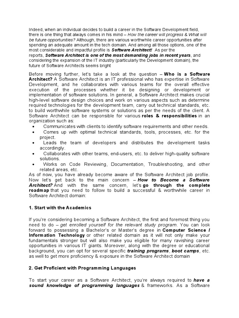 Becoming a Software Architect Career Roadmap | PDF | Architect ...