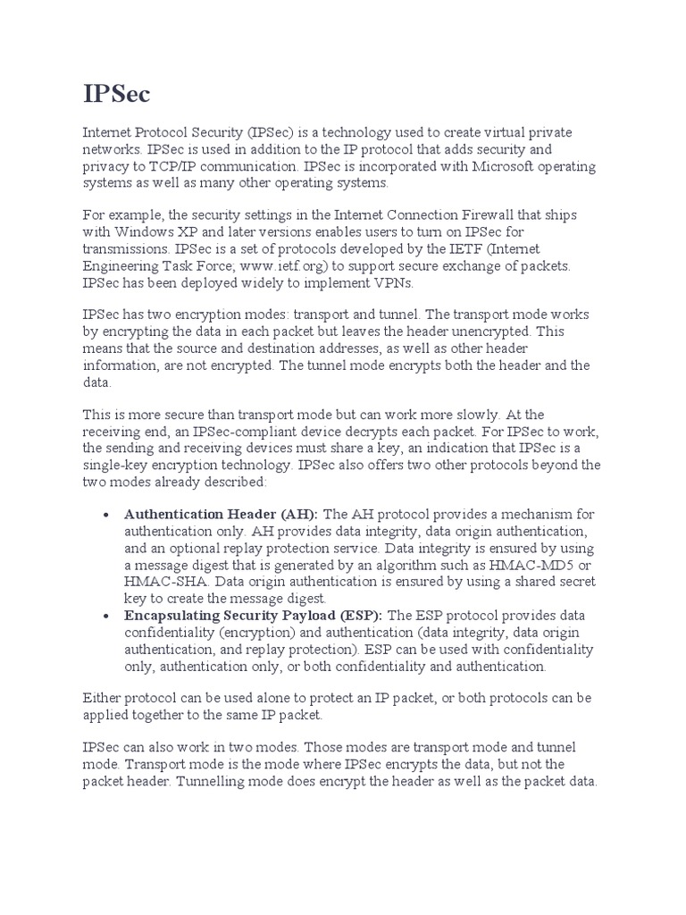Ipsec: Authentication Header (Ah) : The Ah Protocol Provides A Mechanism For | PDF | Networking ...