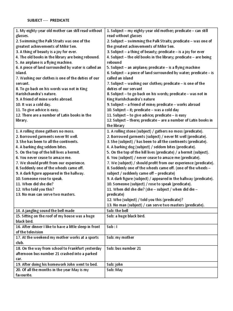 Subject and Predicate Examples for Students | PDF