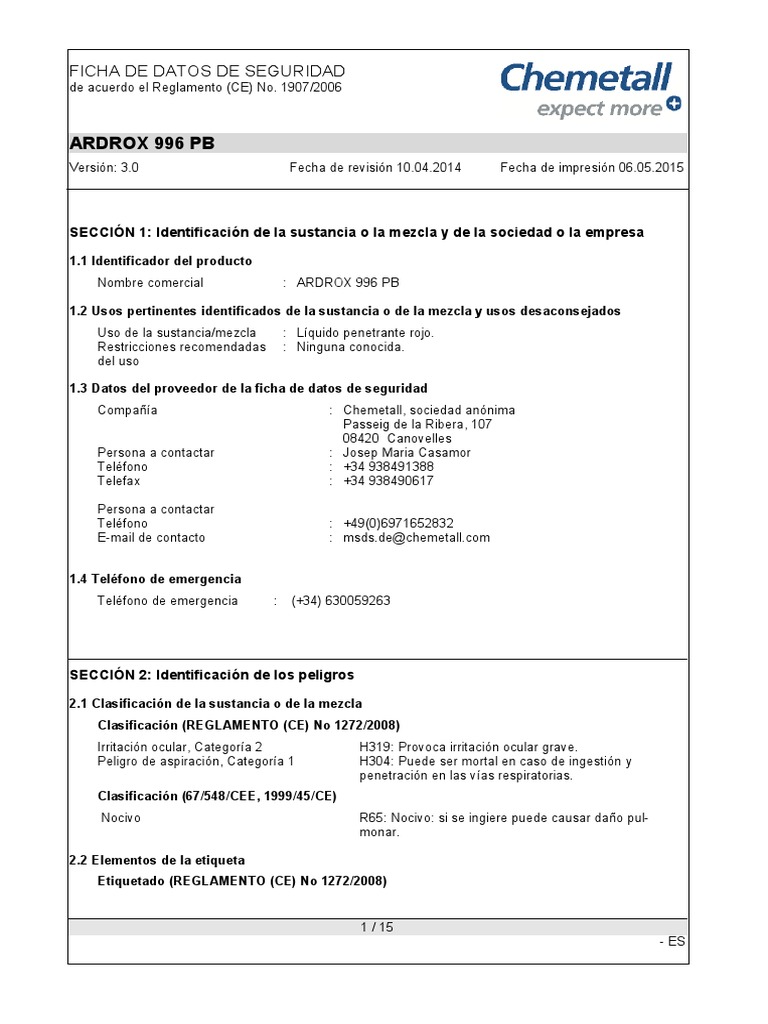 Ardrox 996 PB (MSDS) | PDF | Residuos | Agua